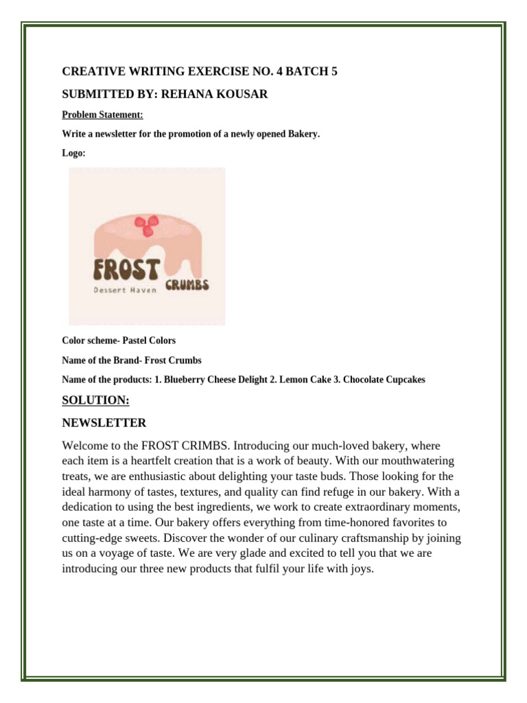 Creative Writing Exercise No 4 | PDF | Cakes | Desserts