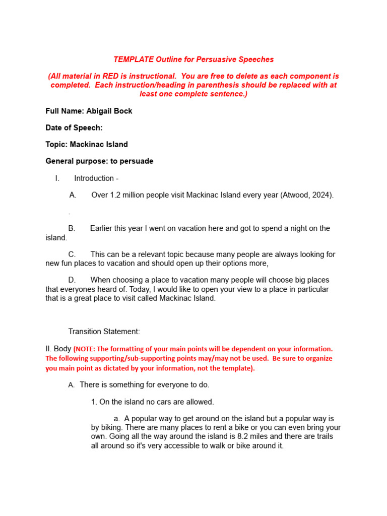 TEMPLATE OUTLINE For Persuasive Speeches Updated 4 2024 | PDF