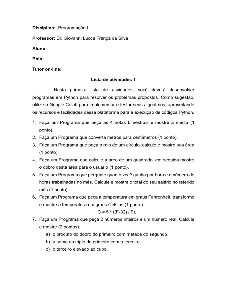 Atividades Iniciais de Python | PDF