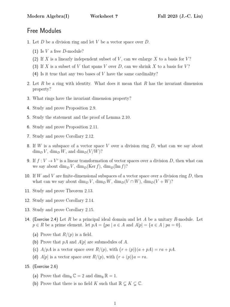 2023 Modern Alg Worksheet 7 | PDF | Basis (Linear Algebra) | Ring (Mathematics)