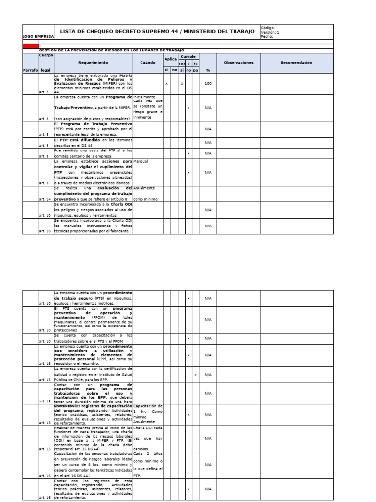 Check Lsit Lista de Chequeo Ds 44 | PDF