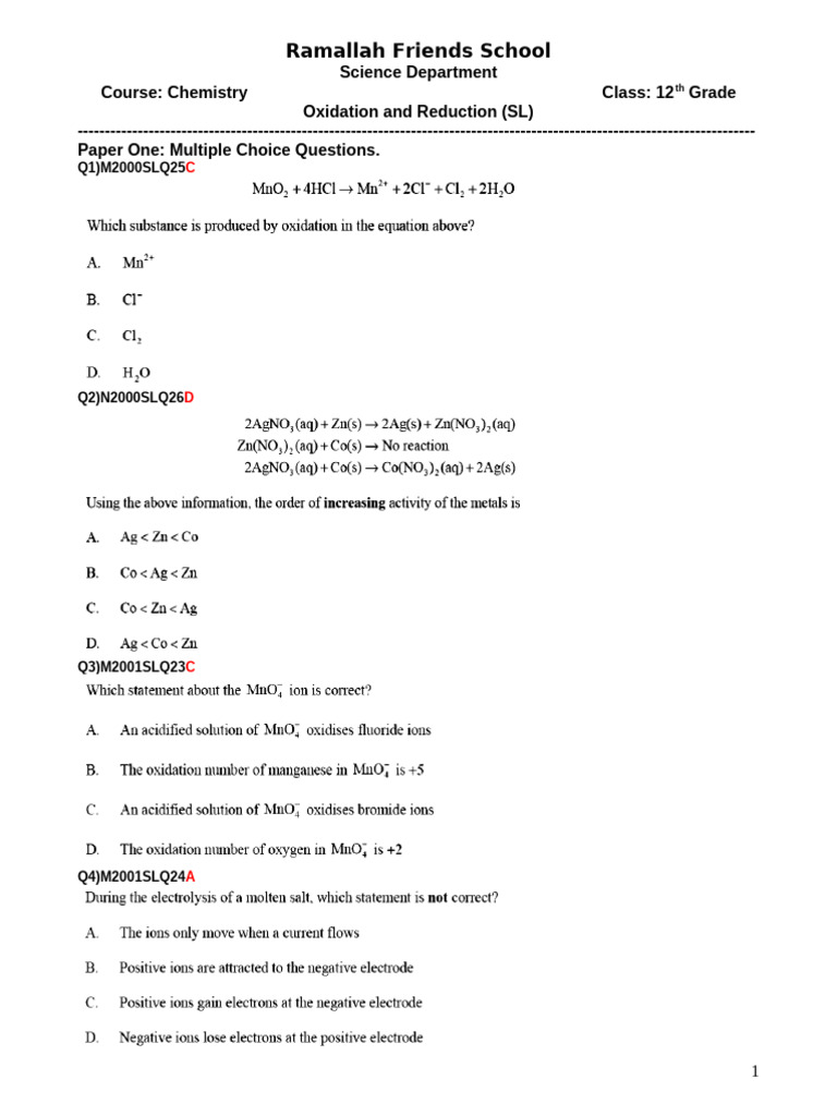 Oxidation and Reduction SL Paper One - Answers | PDF