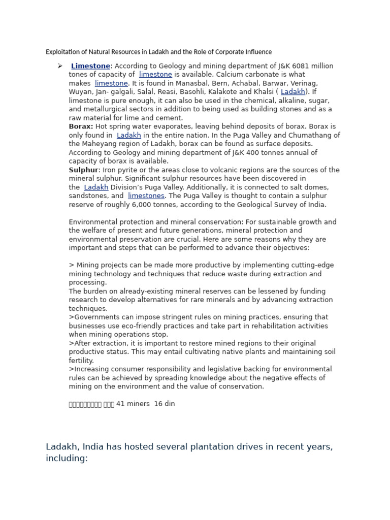 Mineral Resources of Ladakh Explained | PDF | Limestone | Mining