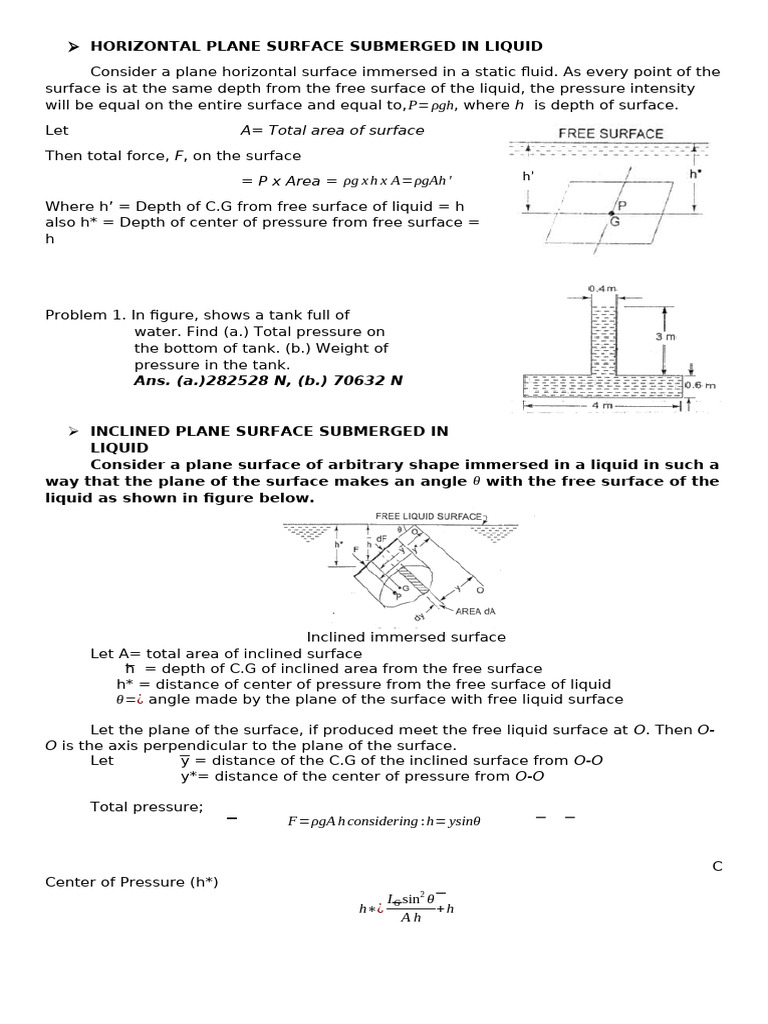 Horizontal Plane Surface Submerged in Liquid | PDF | Pressure | Area