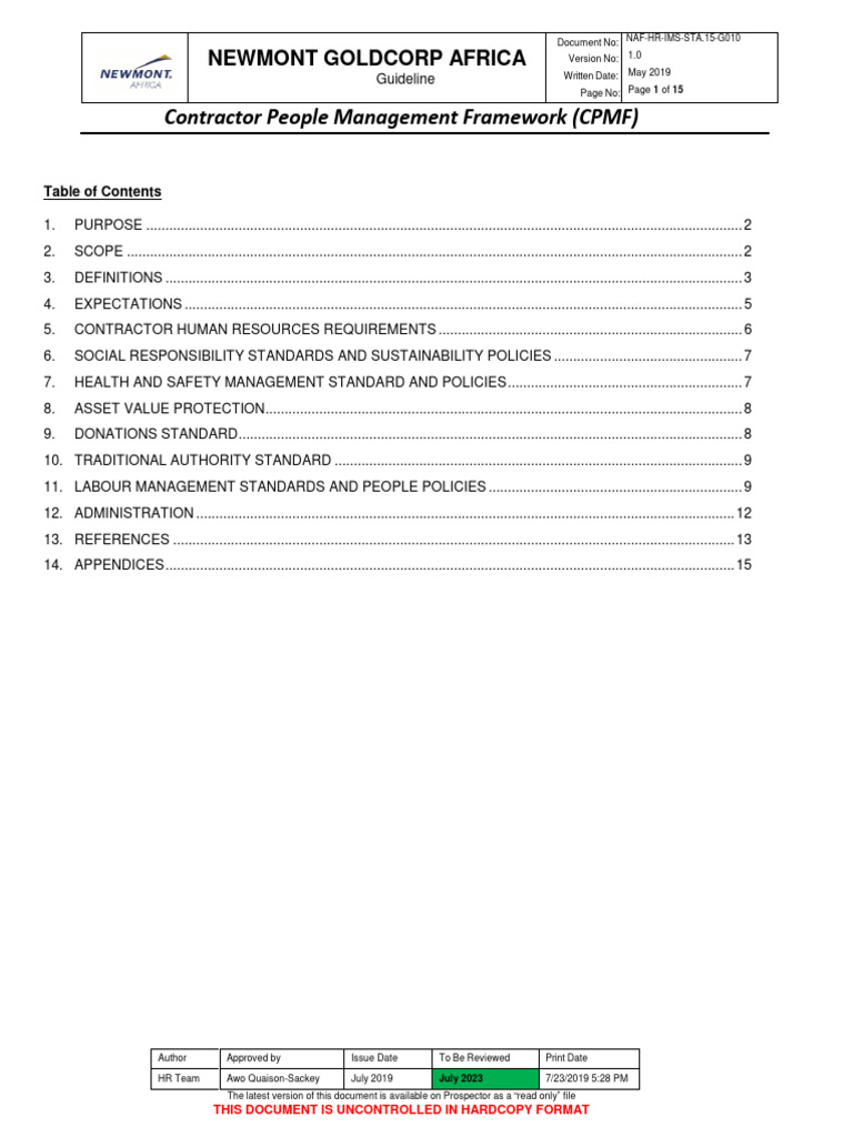 Contractor People Management Framework (CPMF) Guideline | PDF ...