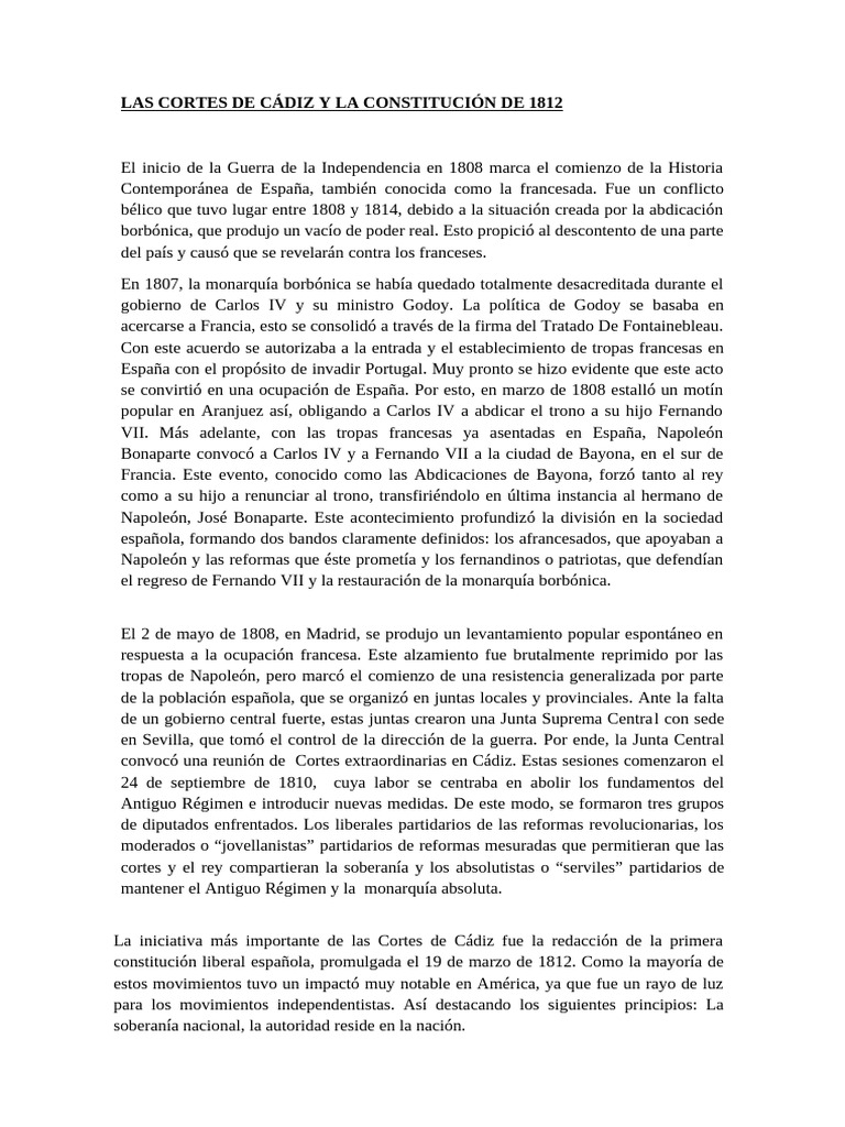 Constitución de 1812 y Las Cortes de Cádiz. | PDF | Guerra peninsular ...