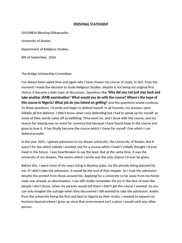 OSUOBENI Blessing Ebikapuador - Personal Statement | PDF | Religious Studies | Age Of Enlightenment