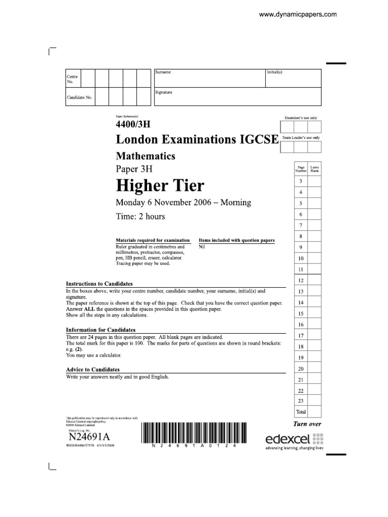 2006 Mathematics Paper 3H Novemb | PDF