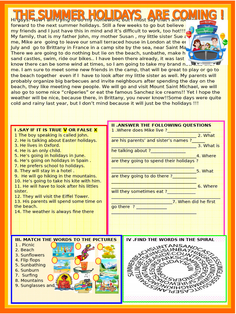 The Summer Holidays Are Coming Reading Comprehensi Reading ...