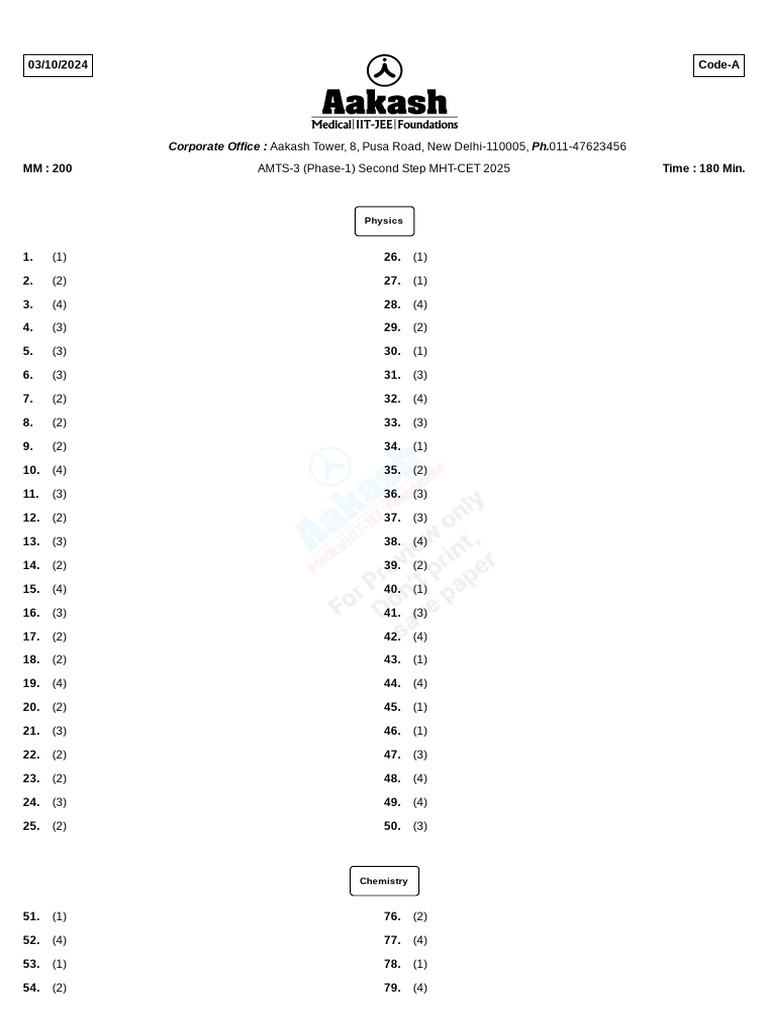 AMTS Test-3 - Second Step 2025 - Answer | PDF | Physical Chemistry ...