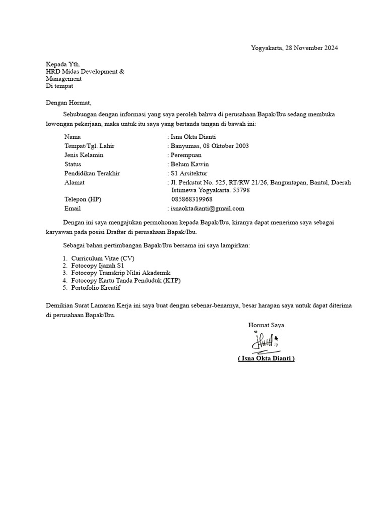 Surat Lamaran Pekerjaan - Isna Okta Dianti - Midas Development | PDF