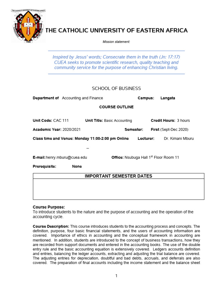 Basic Accounting Course Outline CUEA | PDF | Bookkeeping | Debits And ...