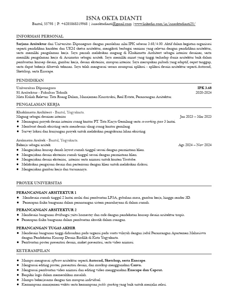 CV - ISNA OKTA DIANTI - Arsitek | PDF