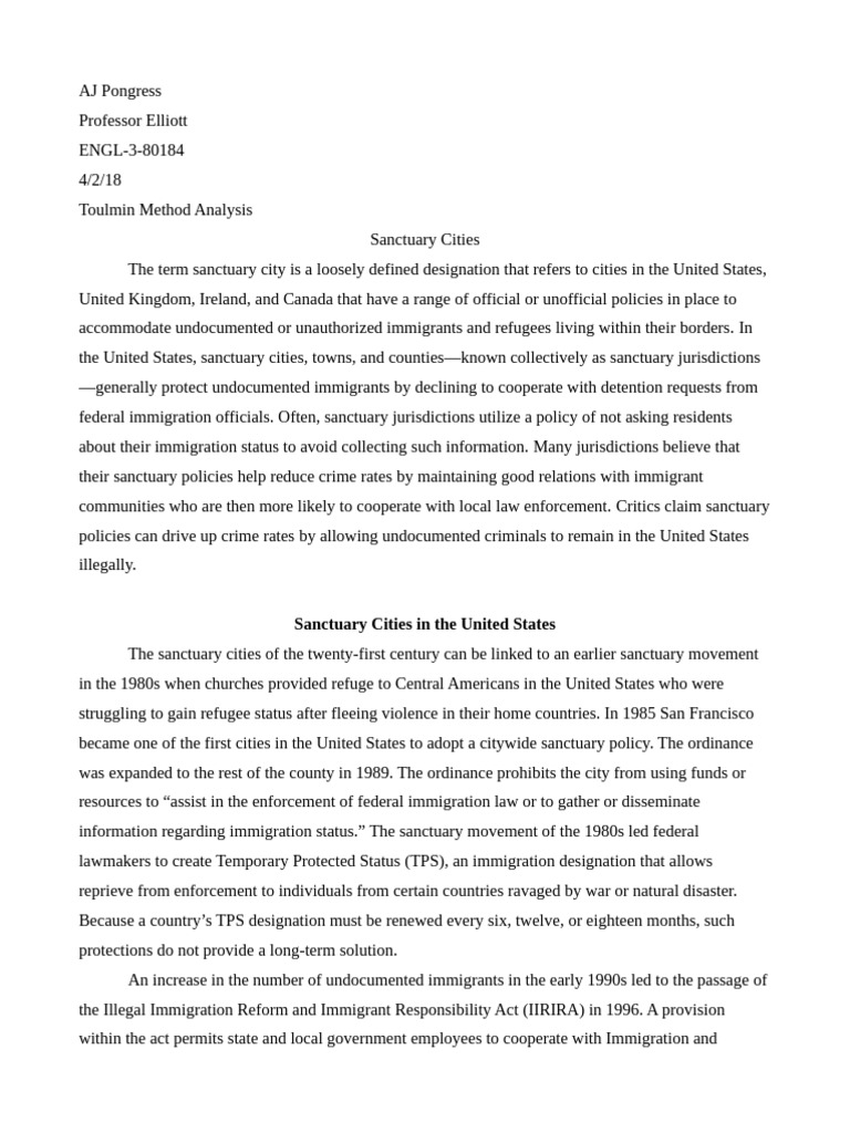 Eng3 Toulmin Method Analysis Pdf Sanctuary City Emigration 9379
