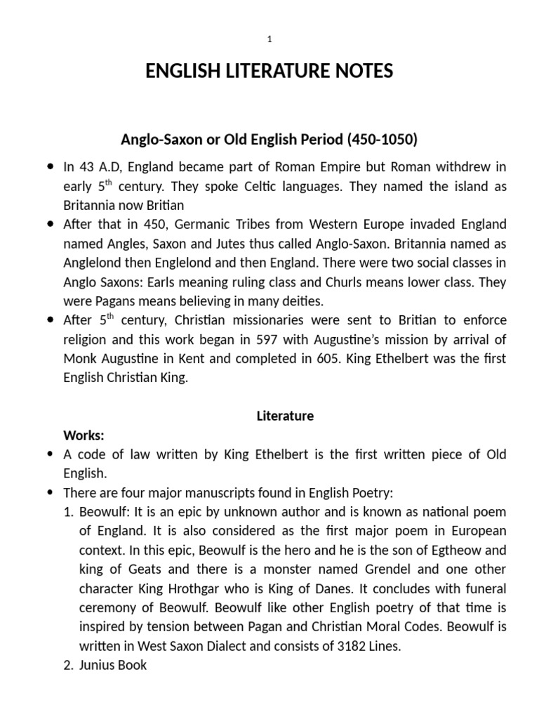 English Literature Notes | PDF | Beowulf | Geoffrey Chaucer