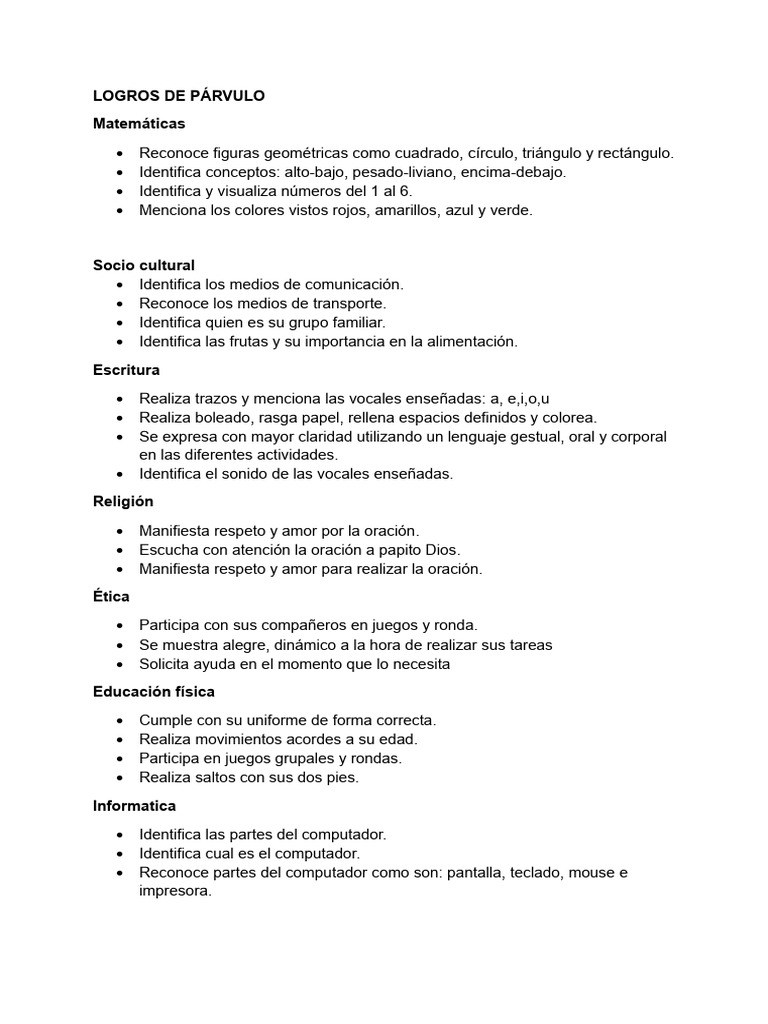 Logros Párvulo | PDF