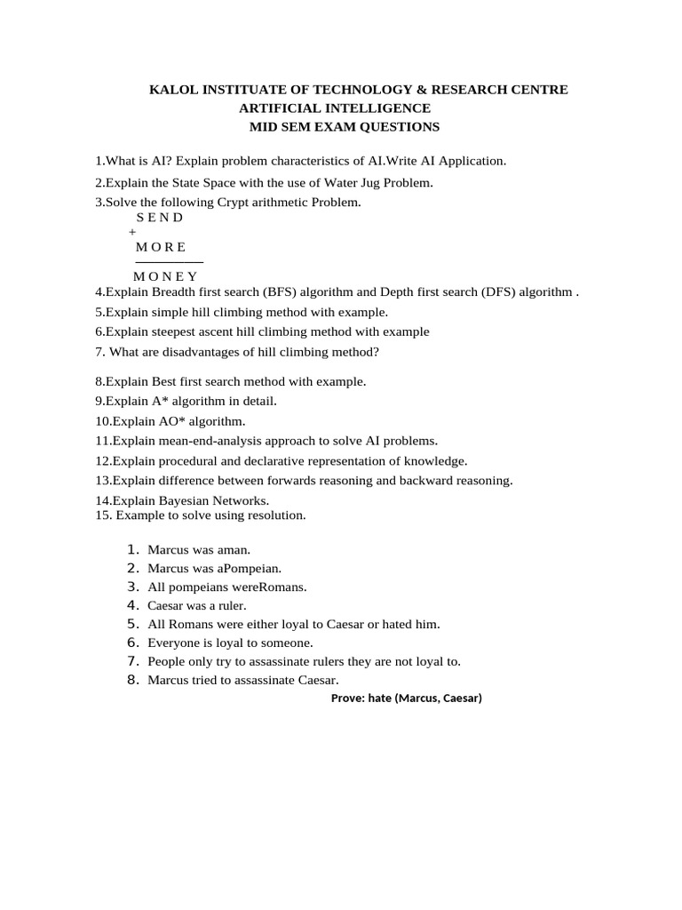 AI Exam Questions for Students | PDF