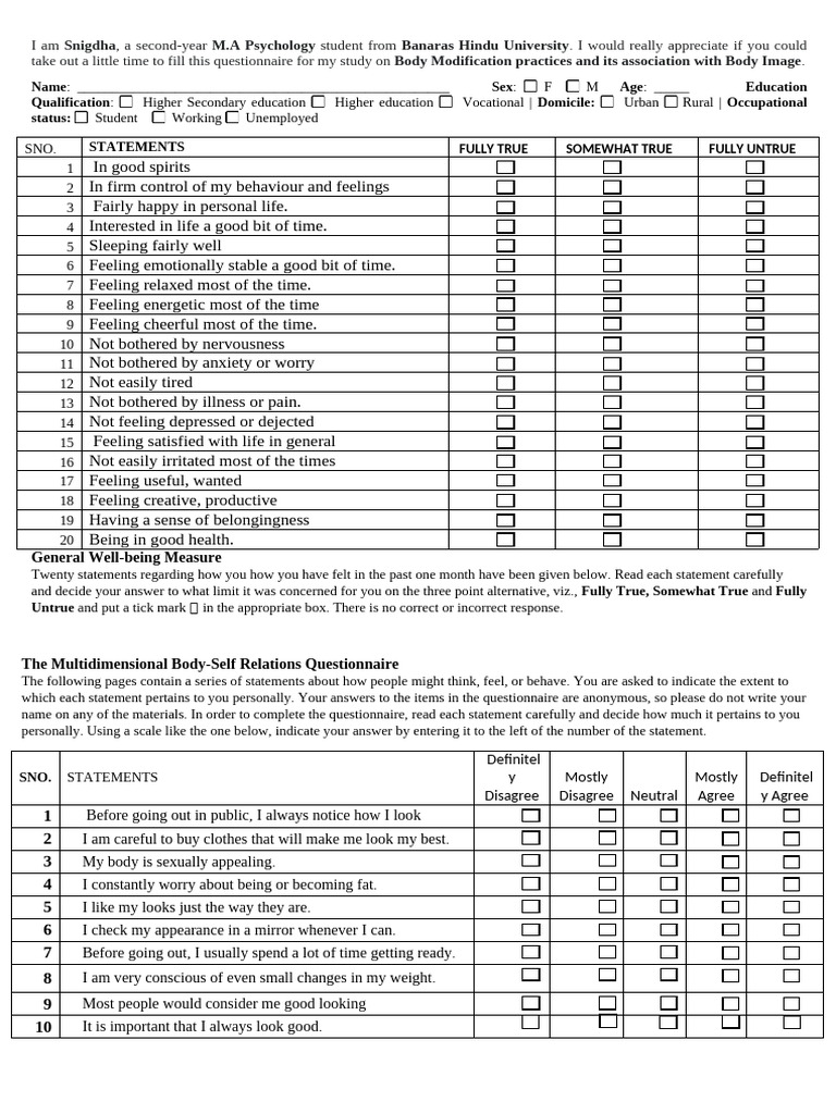 Multidimensional Body Self Relations and Pgi Wellbeing Scales | PDF ...