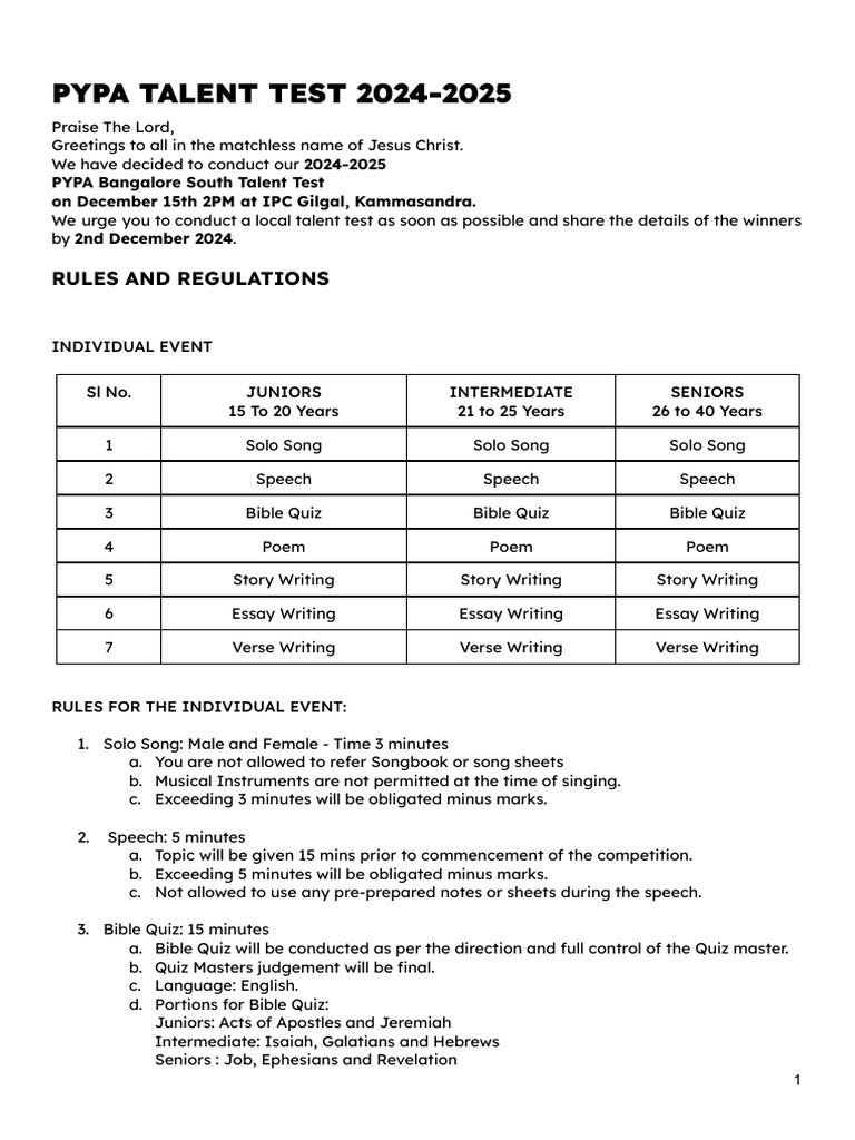 PYPA Talent Test 2024-2025 Details | PDF | Bible | Religious Texts