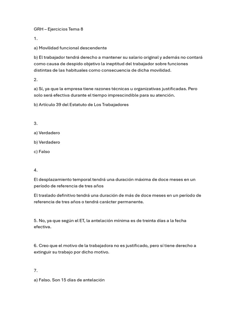 GRH - Ejercicios Tema 8 | PDF