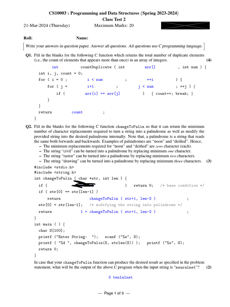 21-Mar-2024 (Thursday) Maximum Marks: 20: CS10003: Programming and Data Structures Spring 2023 ...