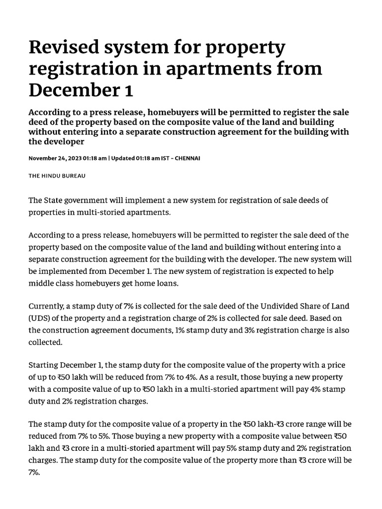 Stamp Duty and Registration Charges For Flat in An Apartment | PDF
