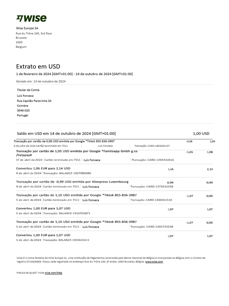 Extrato Bancário Wise de Luís Fonseca | PDF | Finanças e Administração ...