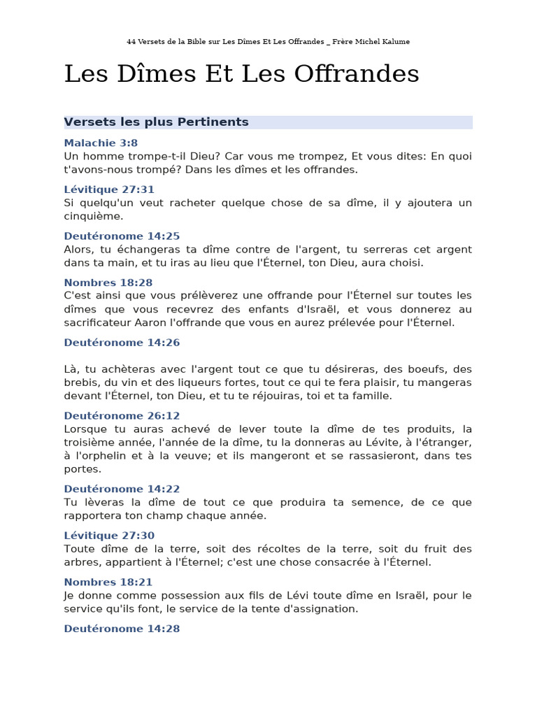 Versets Bibliques sur Dîmes et Offrandes | PDF | Dîme | Korban