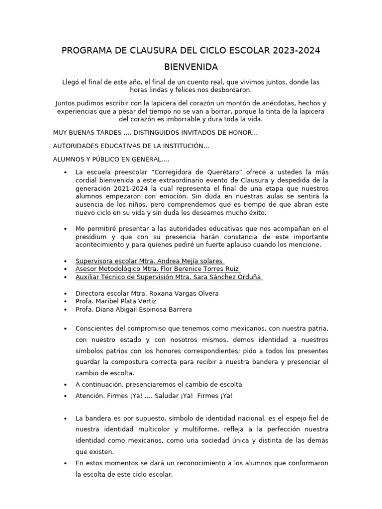 Programa de Clausura Del Ciclo Escolar 2023 | PDF