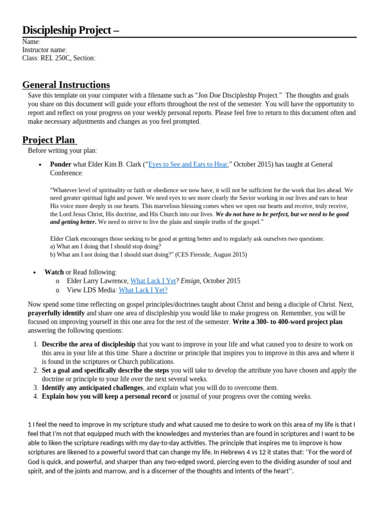 Rel250 - W01 - Nsokosi Project Plan | PDF | Disciple (Christianity) | Jesus