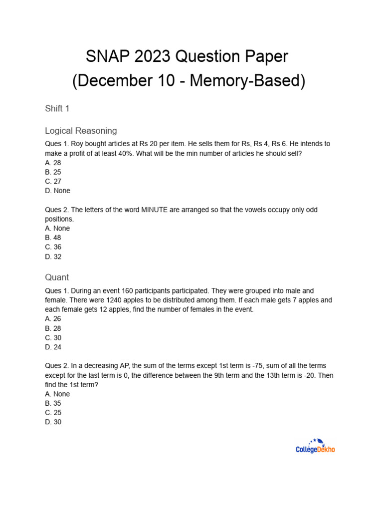 SNAP 2023 Logical & Quant Questions | PDF