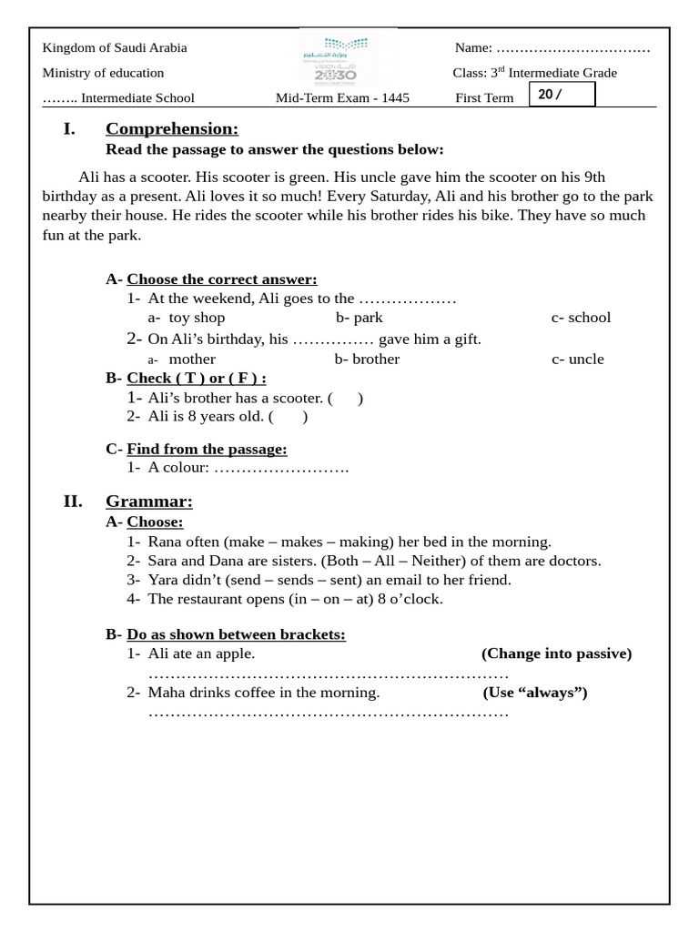 Mid Term Exam 3rd Intermediate | PDF