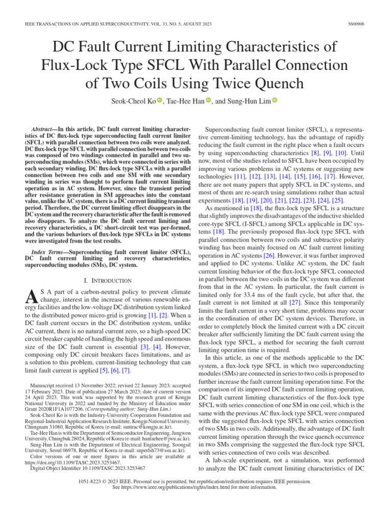 DC Fault Current Limiting Characteristics of Flux-Lock Type SFCL With Parallel Connection of Two ...