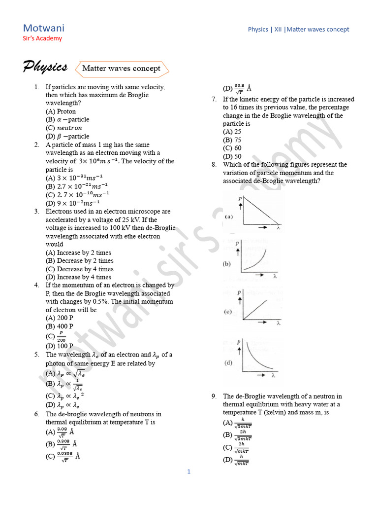 Physics Matter Waves Concept | PDF | Electron | Wavelength