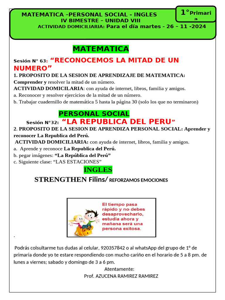 1°PRIM. MAT. PERSONAL SOC. INGLES - TAREA - SESION - 63 - 32 - Semana ...