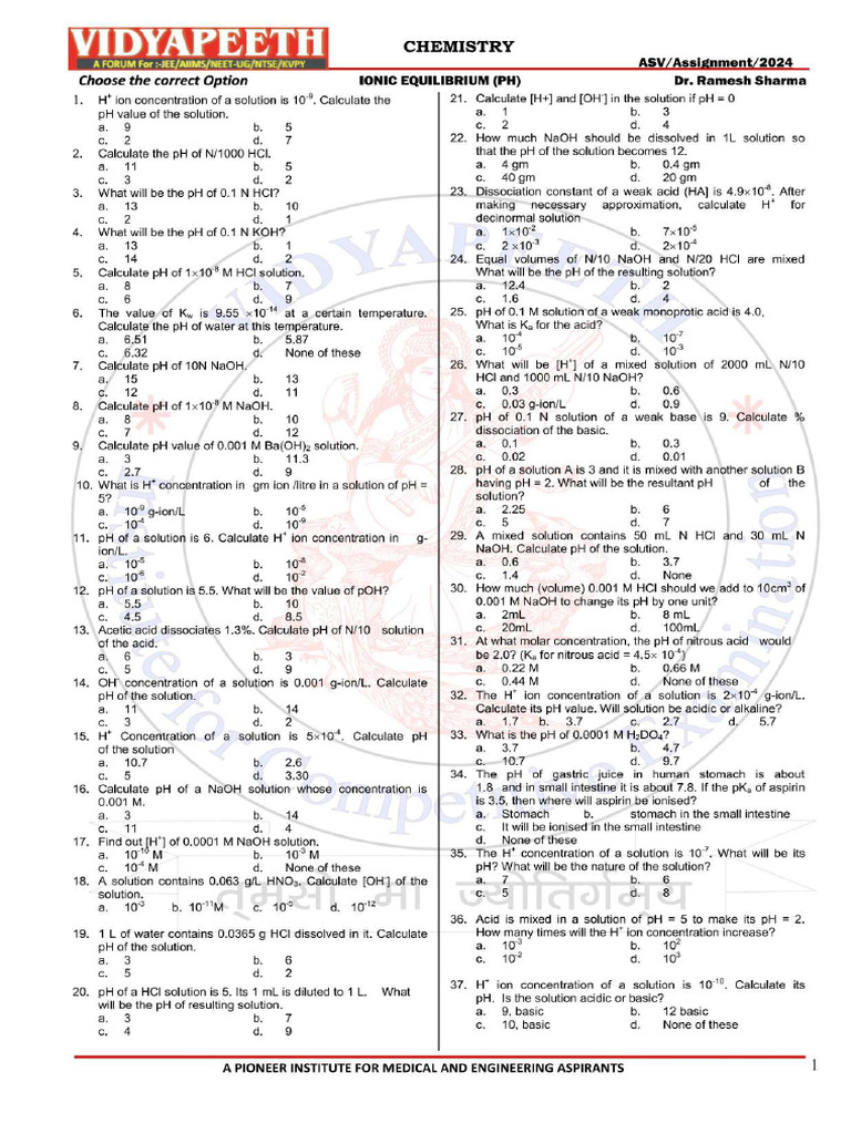 Assignment Ionic Equilibrium (PH) 2024-1 (283059007643418) | PDF