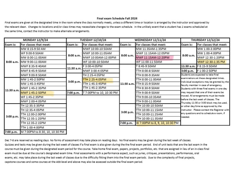 24FA Exam Schedule Summary | PDF | Evaluation | Vocational Education
