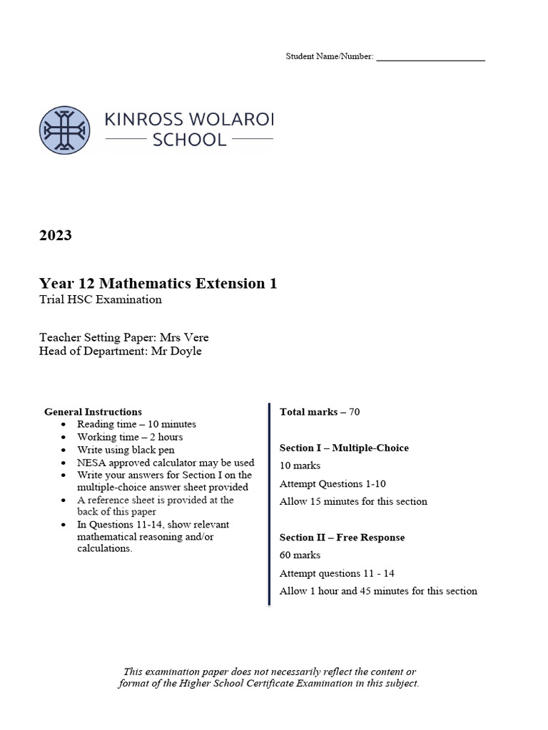 Year 12 Maths Extension 1 HSC Trial Exam | PDF | Multiple Choice ...