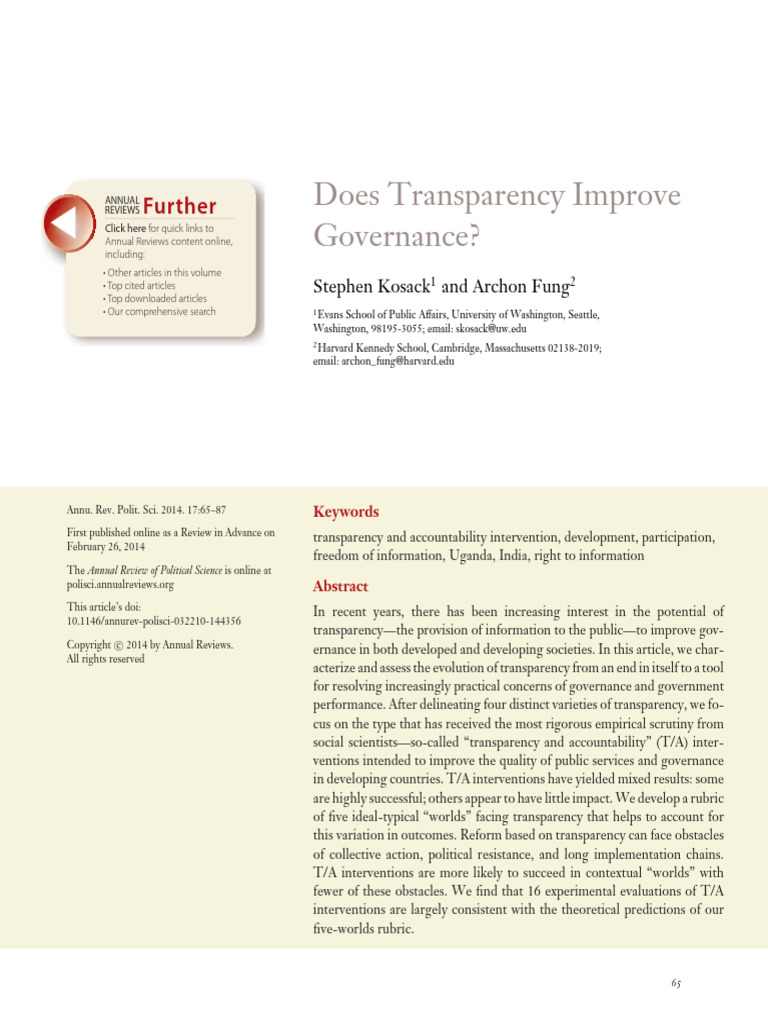 Kosack & Fung Does Transparency Improve Governance | PDF | Governance | Transparency (Behavior)