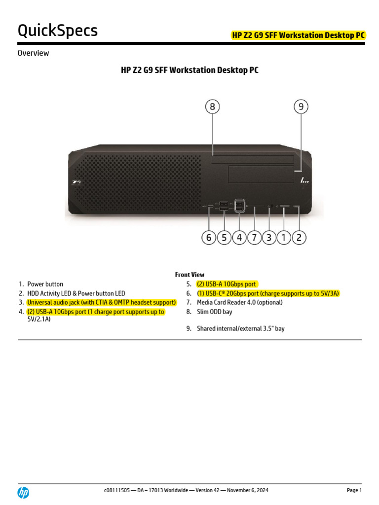 Quickspecs: HP Z2 G9 SFF Workstation Desktop PC | PDF | Usb | Windows 10