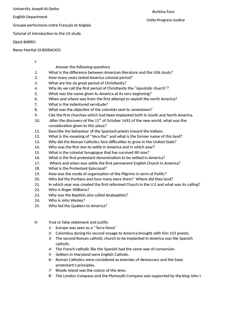 Key Questions on American Literature and History | PDF | Protestantism ...
