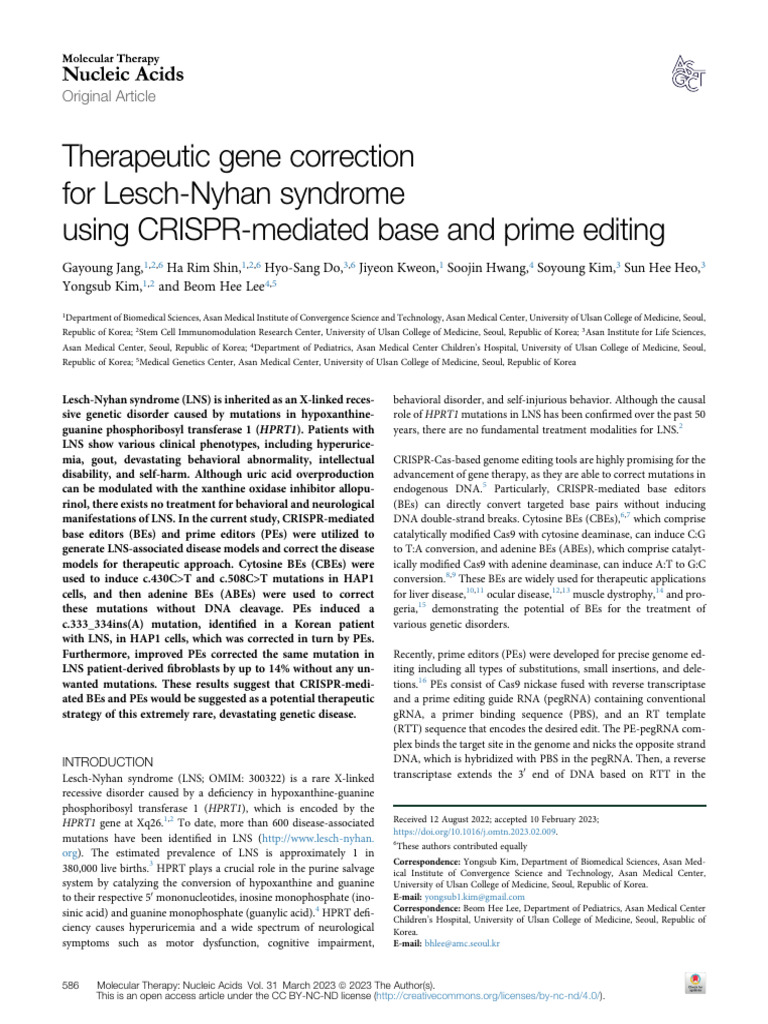 Therapeutic Gene Correction For Lesch Nyhan Syndro | PDF | Mutation ...
