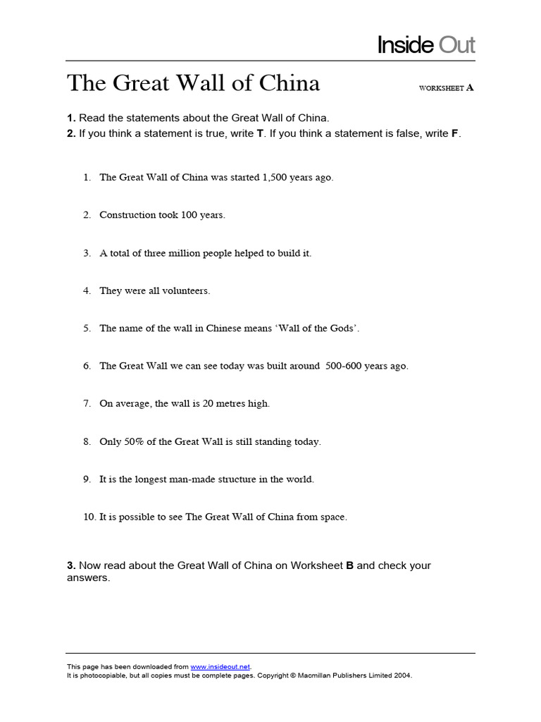 Great Wall of China Activity Sheet Reading and Questions | PDF | China ...