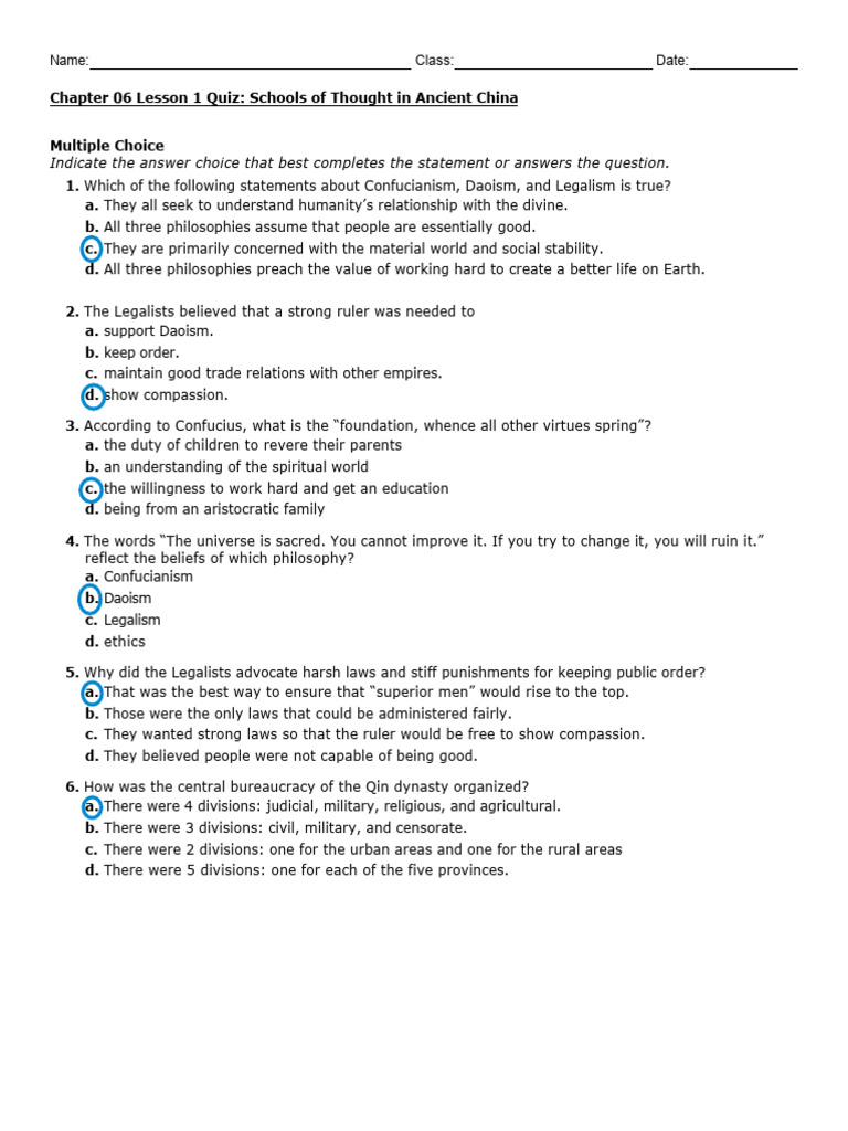 Ancient China Philosophy Quiz | PDF | Confucianism | Han Dynasty
