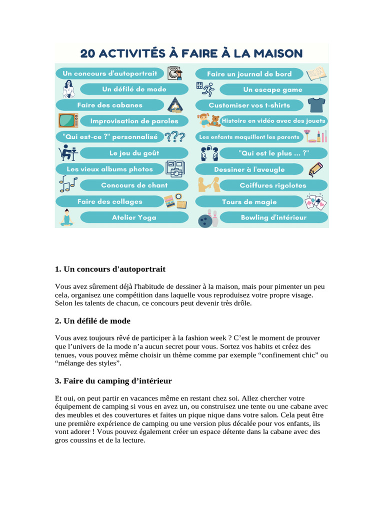 20 Activités A Faire A La Maison | PDF