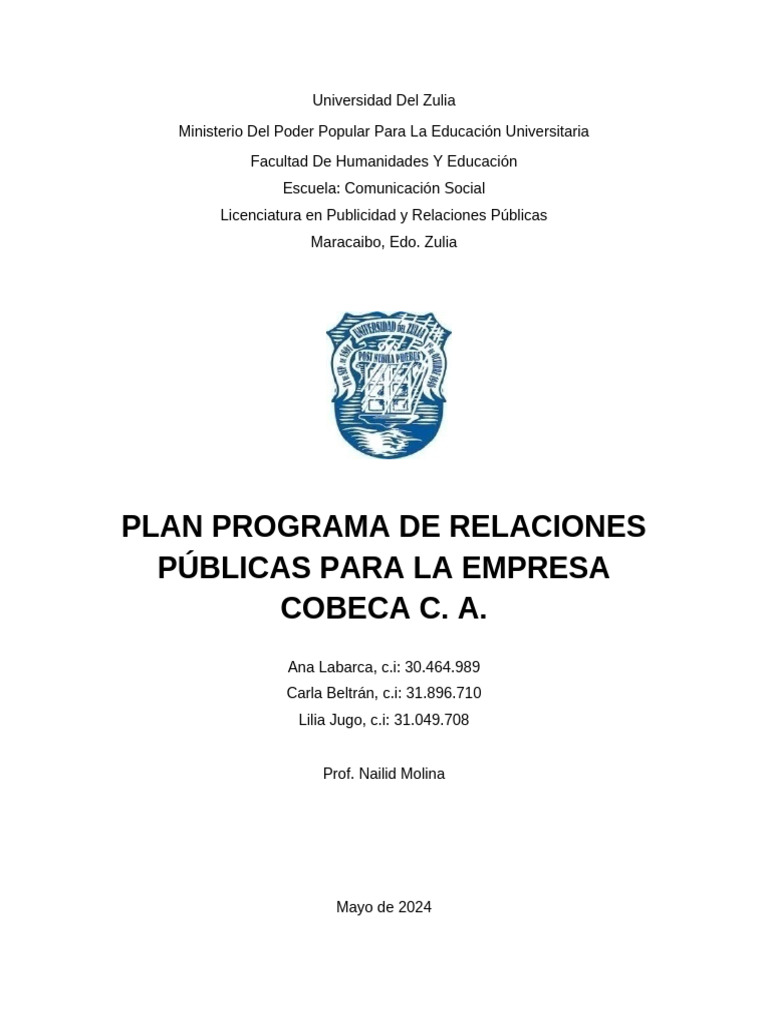 Plan Programa de Relaciones Públicas - Empresa COBECA OCCIDENTE | PDF ...