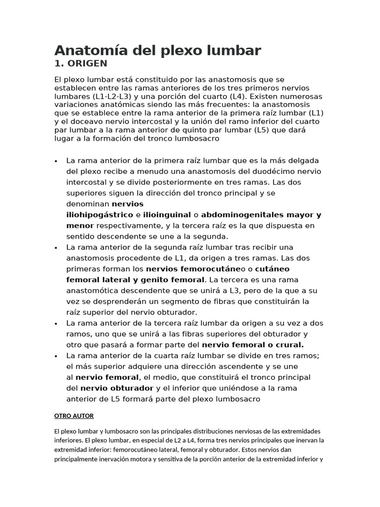 Anatomía Del Plexo Lumbar | PDF | Tejido suave | Extremidades (anatomía)