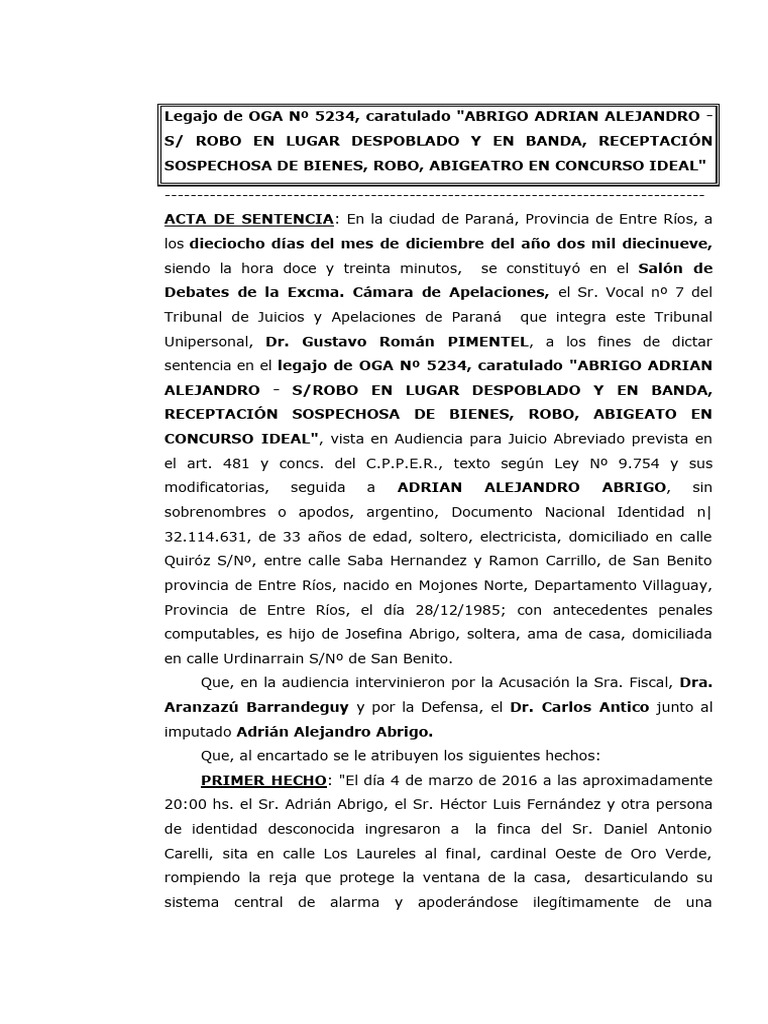 Abrigo Adrian Alejandro - Robo en Lugar Despoblado y en Banda - Receptacion Sospechosa de Bienes ...
