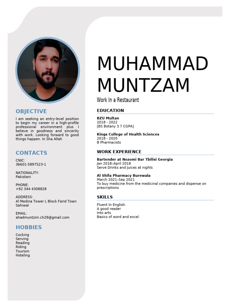 Entry-Level Restaurant Job Resume | PDF
