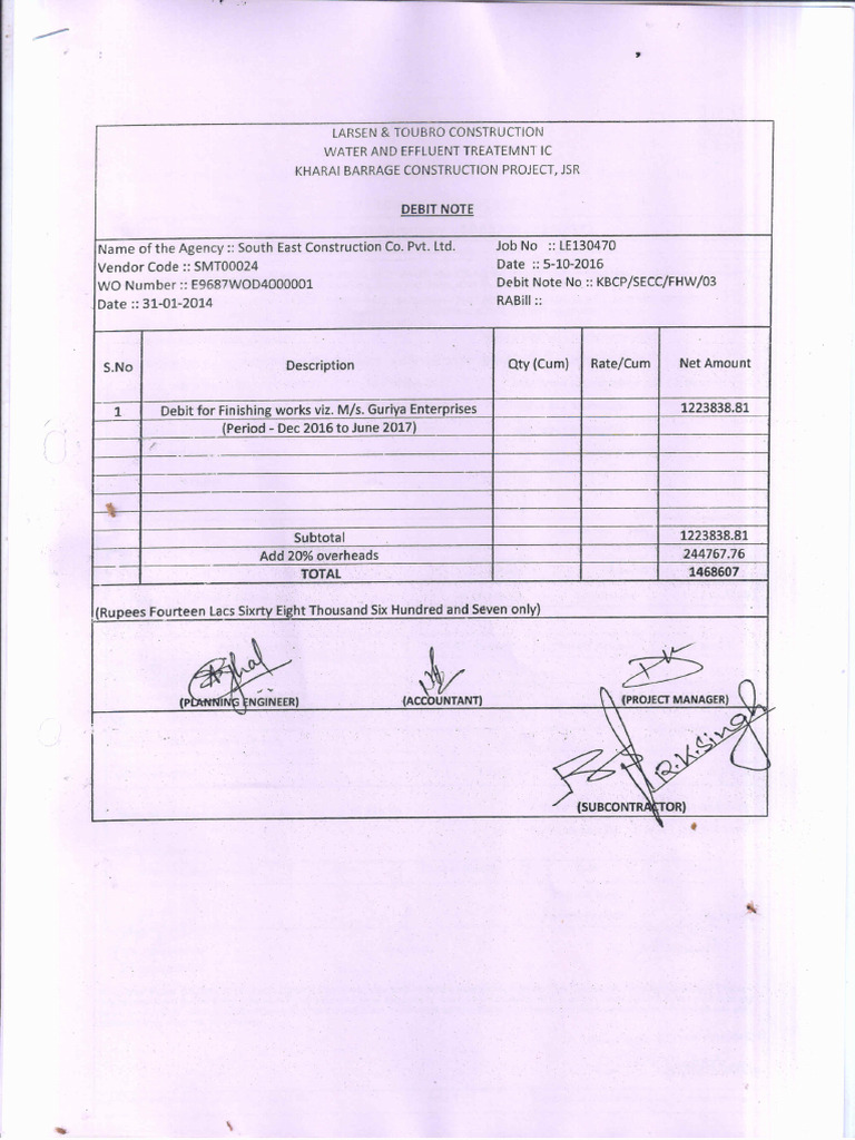 RAB-50 Finishing Work Debit Note | PDF